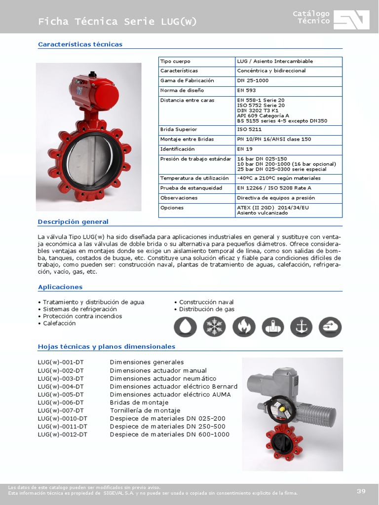 VALV. MARIPOSA SIGEVAL - Ficha Técnica Serie LUG (W) | PDF | Ingeniería ...