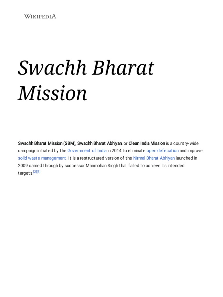 Swachh Bharat Mission Wikipedia Pdf Waste Management Sanitation