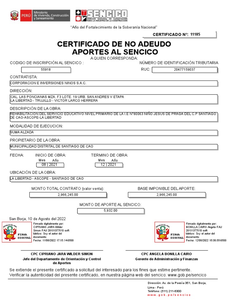 Certificado de No Adeudo Aportes Al Sencico | PDF