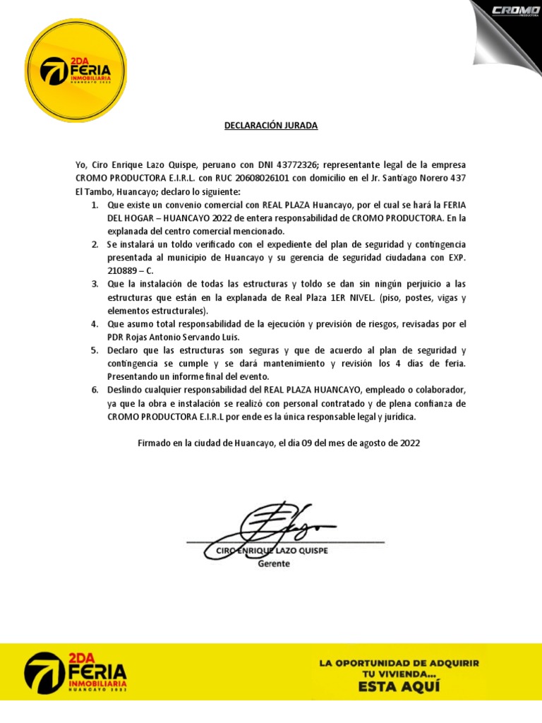 Declaración Jurada de Responsabilidad | PDF
