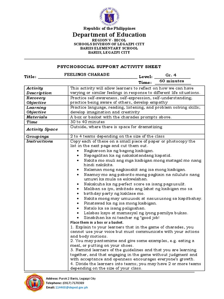 Psychosocial Support Activity Sheet New Template | PDF | Learning ...