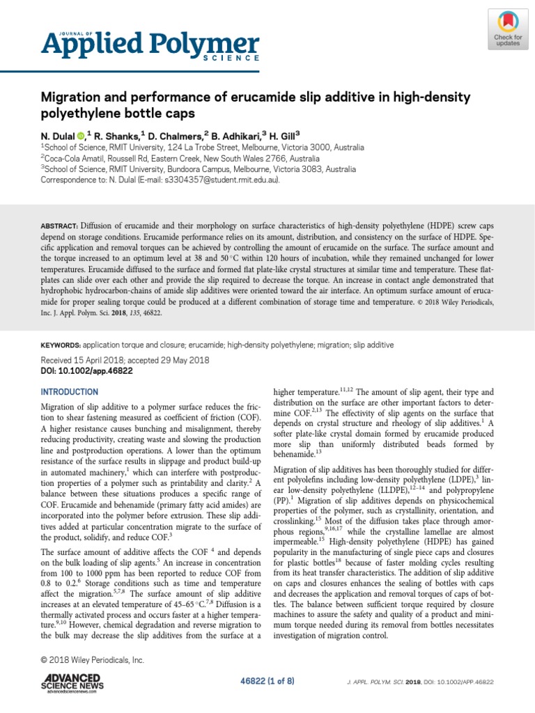 Migration and Performance of Erucamide Slip Additive in High-Density ...
