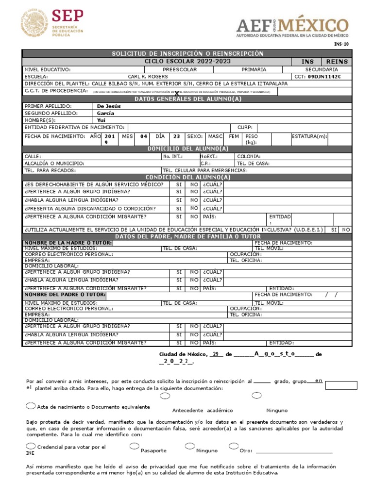Formato Ins 10 Solicitud de Inscripcion o Reinscripcion 2022 2023 | PDF ...