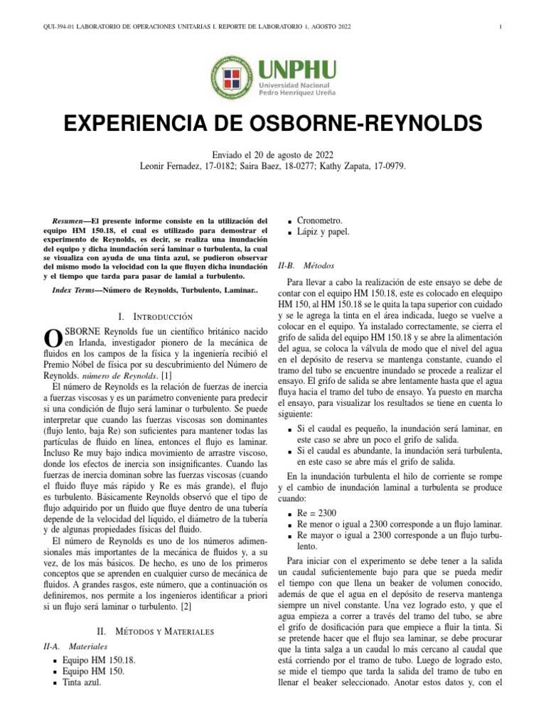 Análisis del experimento de Osborne-Reynolds para determinar los números de Reynolds y tipos de ...