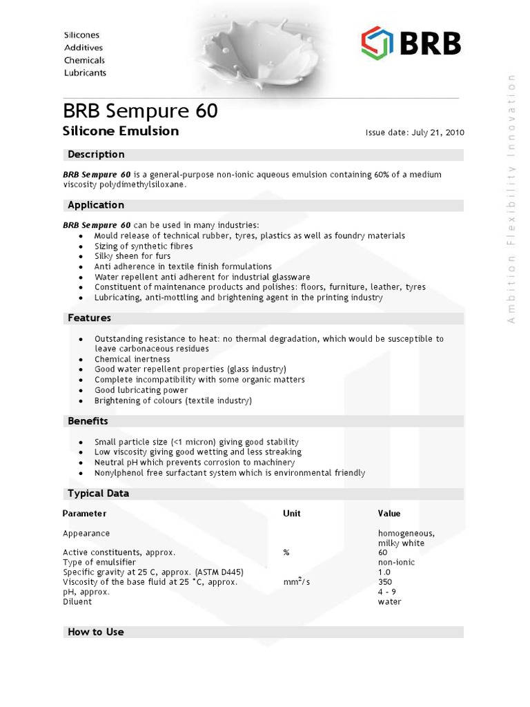 Polidimetilsiloxano 60% o Emulsión de Silicona (BRB Sempure 60) - TDS ...