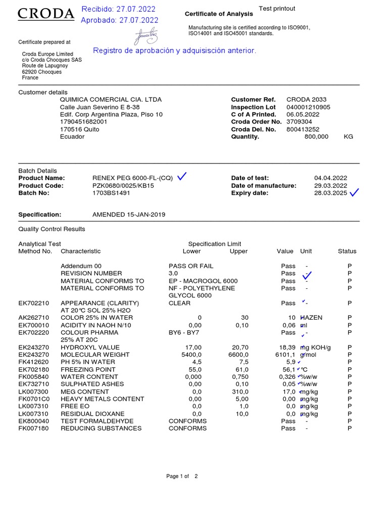 Polietilenglicol 6000 (PEG-6000) - CoA L-1703BS1491 (Química Comercial-Croda) 2 | PDF | Chemical ...