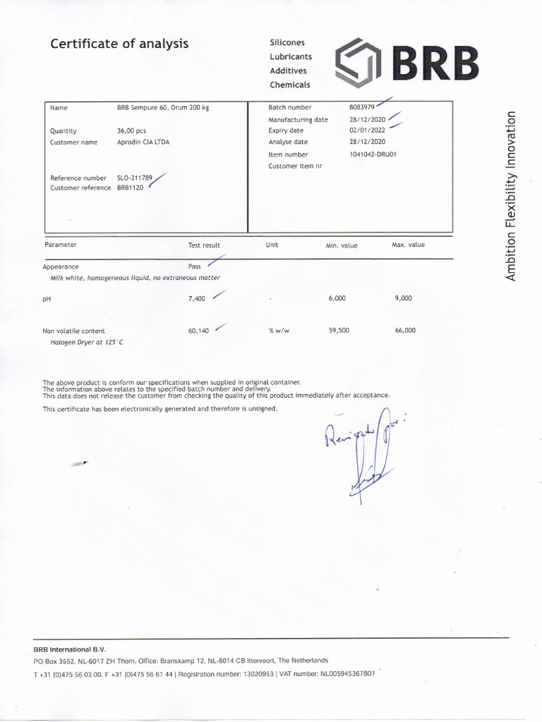 Polidimetilsiloxano 60% o Emulsión de Silicona (BRB Sempure 60) - CoA ...