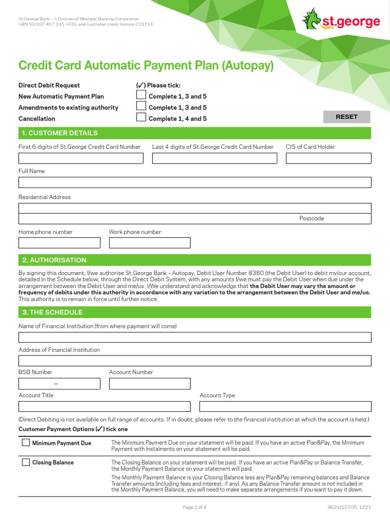 Credit Card Automatic Payment Plan (Autopay) : 1. Customer Details ...