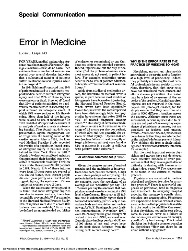 LEAPE Error Medicine 1994 | PDF | Medical Error | Nursing