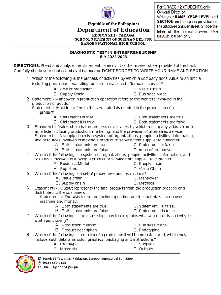 Entrep 12 Diagnostic Test | Download Free PDF | Expense | Cost Of Goods ...