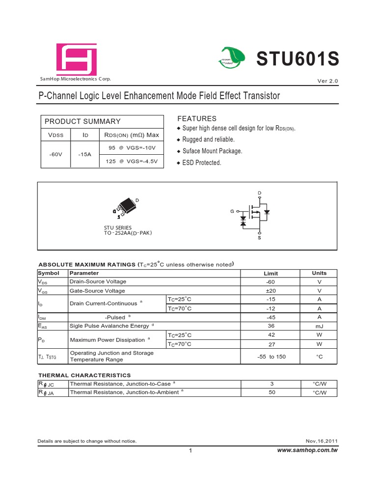 STU601S P-Channel Logic Level Enhancement Mode FET Datasheet | PDF | Field Effect Transistor ...