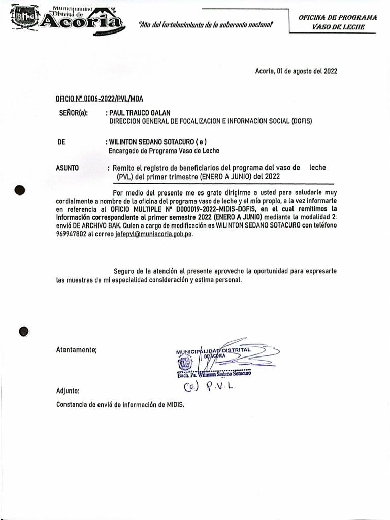 Oficio PVL ACORIA | PDF