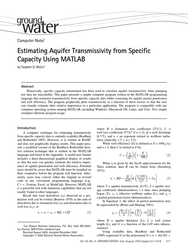 Estimating Aquifer Transmissivity From Specific Capacity Using MATLAB ...