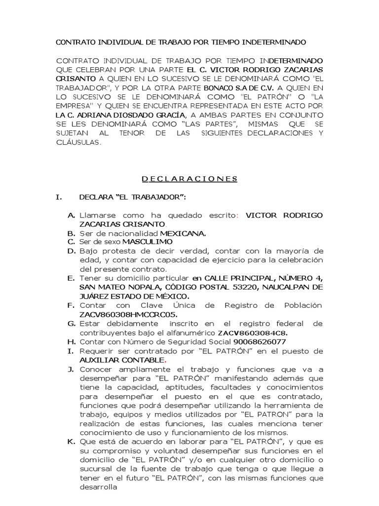 Contrato Bonaco | Descargar gratis PDF | Propiedad | Salario