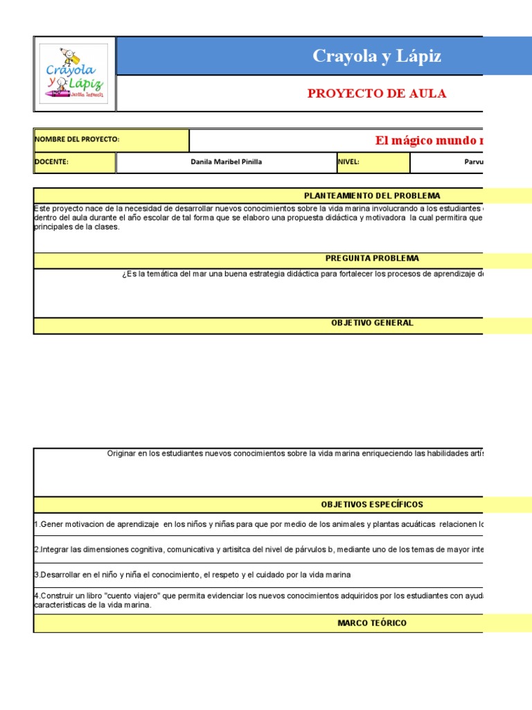 PROYECTO DE AULA EL MAGICO MUNDO MARINO 2019 PARVULOS B Ultimo | PDF ...
