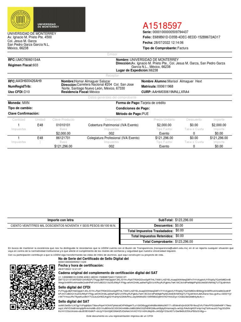 Factura de colegiatura y seguro estudiantil emitida por la Universidad ...
