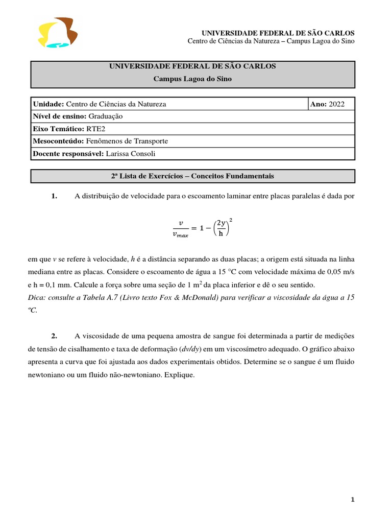 RTE2 - FT - Segunda lista de exercícios | PDF | Viscosidade | Estresse (Mecânica)