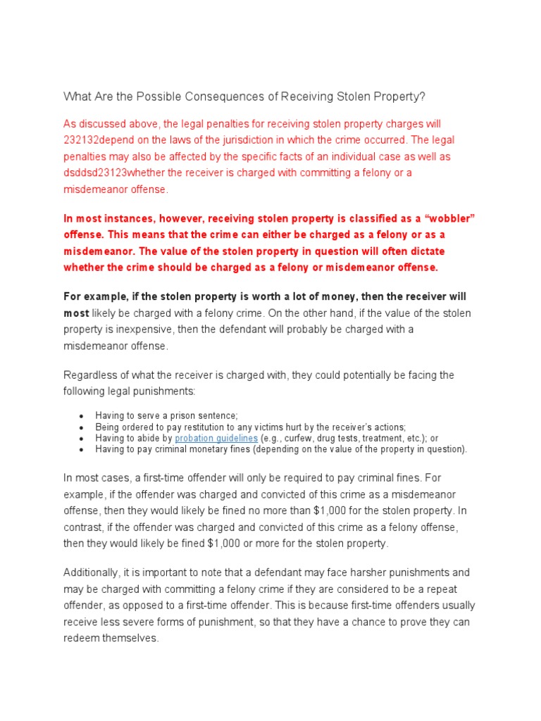 What Are The Possible Consequences of Receiving Stolen Property | PDF | Felony | Misdemeanor