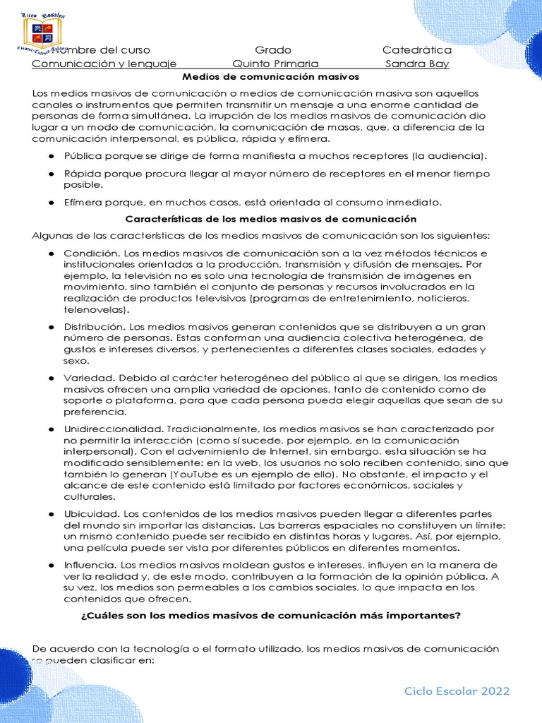 Características y clasificación de los medios masivos de comunicación ...