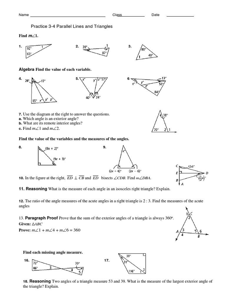 Practice 3-4 Parallel Lines and Triangles: Name Class Date | PDF ...