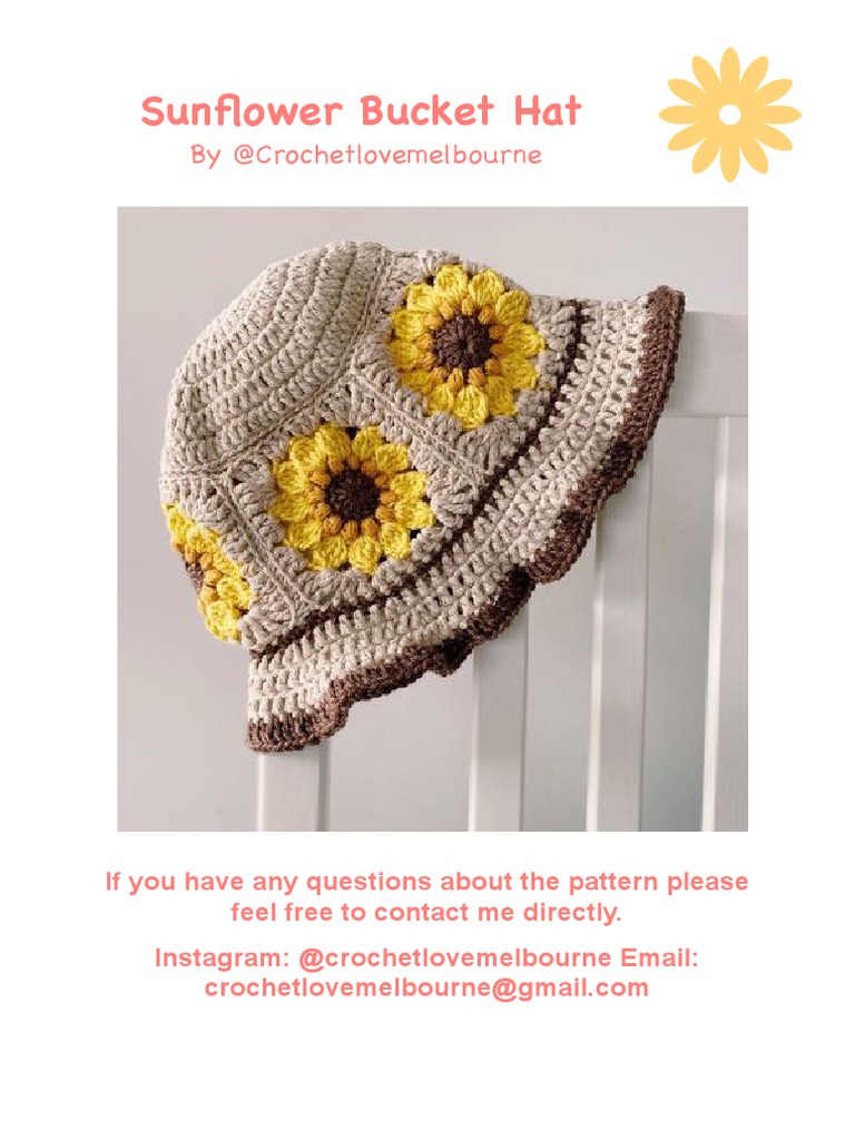 Sunflower Bucket Hat: by @crochetlovemelbourne | PDF | Crochet | Sewing