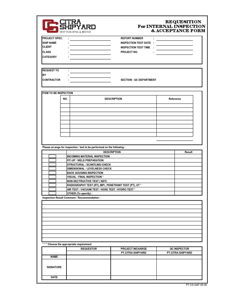 Requesition & Acceptance Form For Internal Inspection: PT - CS-QAF-05 ...