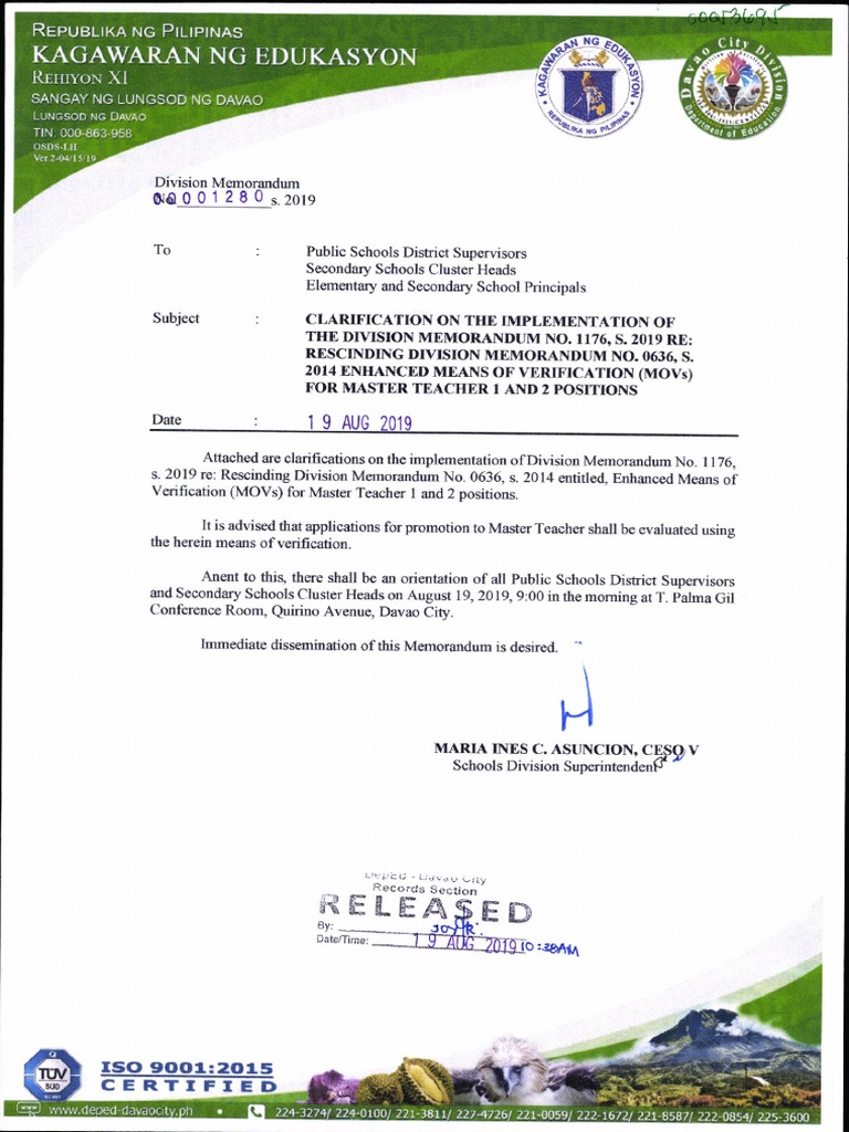 2019 DM No. 1280 CLARIFICATION ON THE IMPLEME | PDF