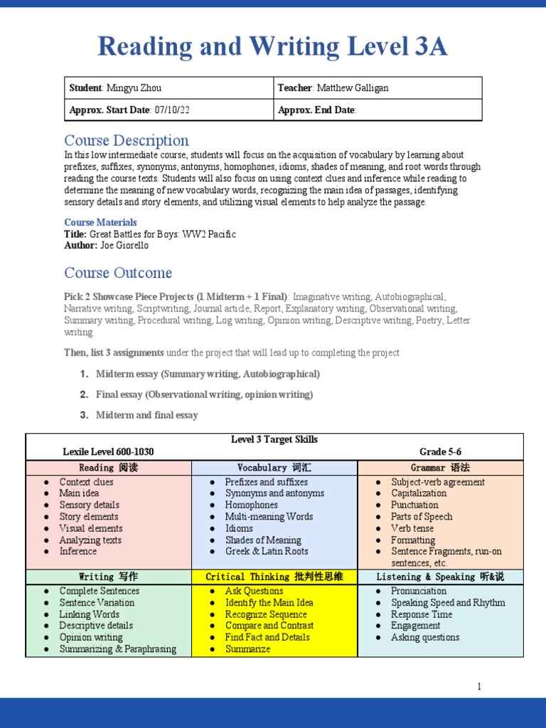 Level 3A Reading & Writing Course | PDF | Human Communication | Linguistics