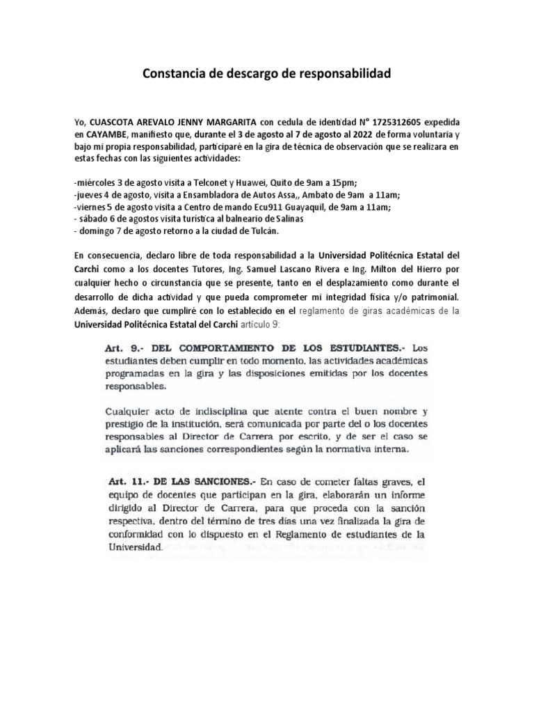 Carta Descargo de Responsabilidad | PDF