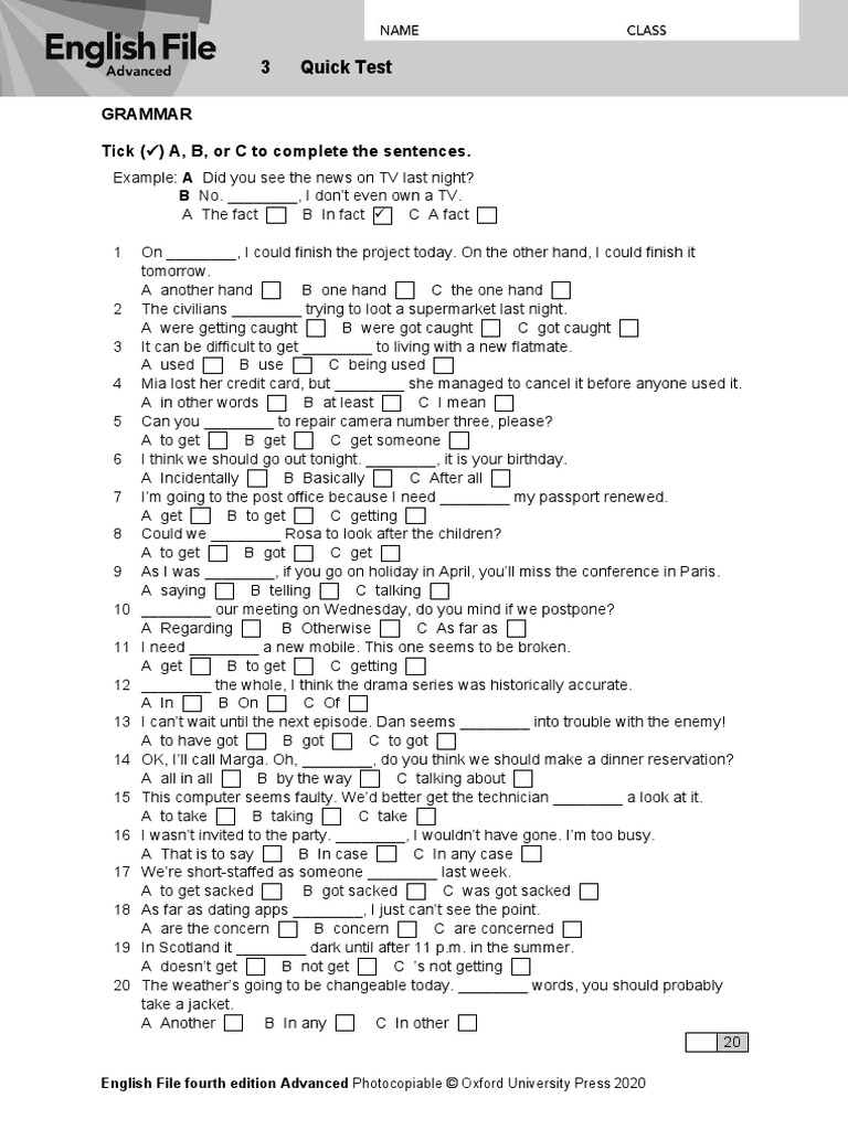 3 Quick Test: Grammar Tick ( ) A, B, or C To Complete The Sentences ...