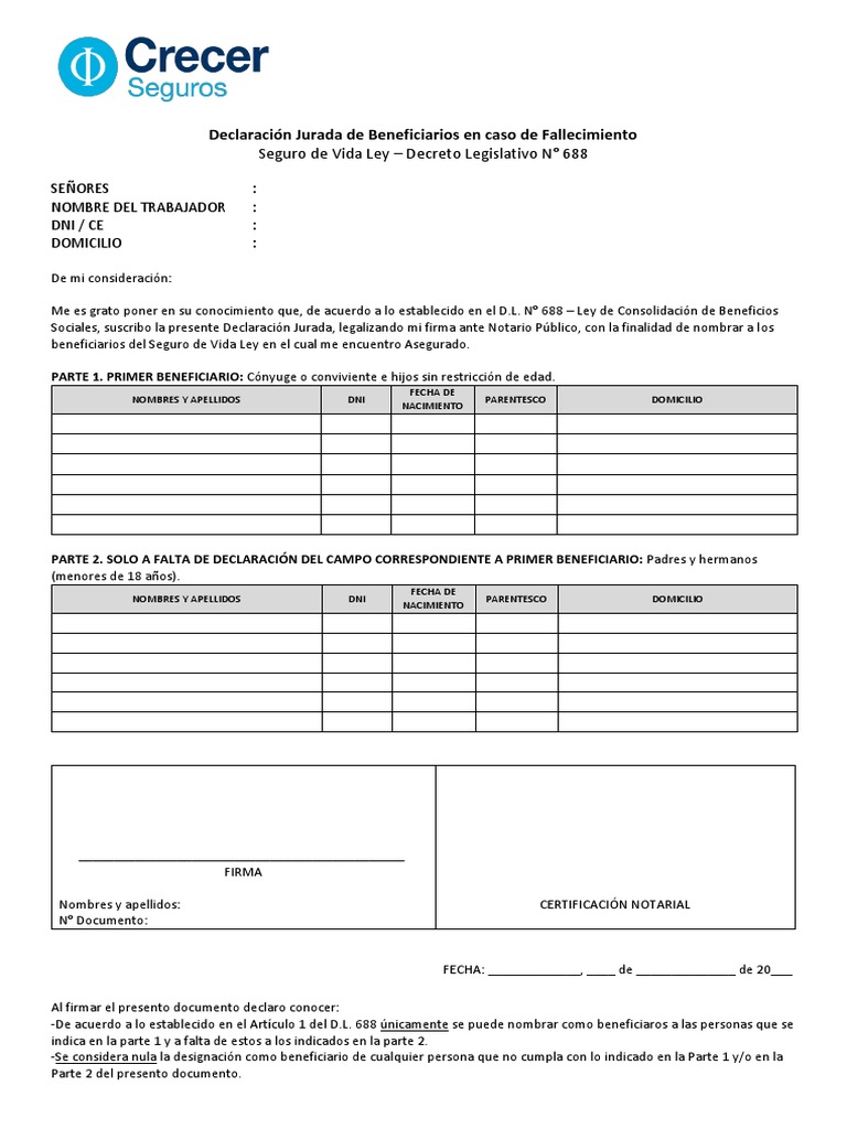 Declaración Jurada - Vida Ley V1 (2) CRECER | PDF