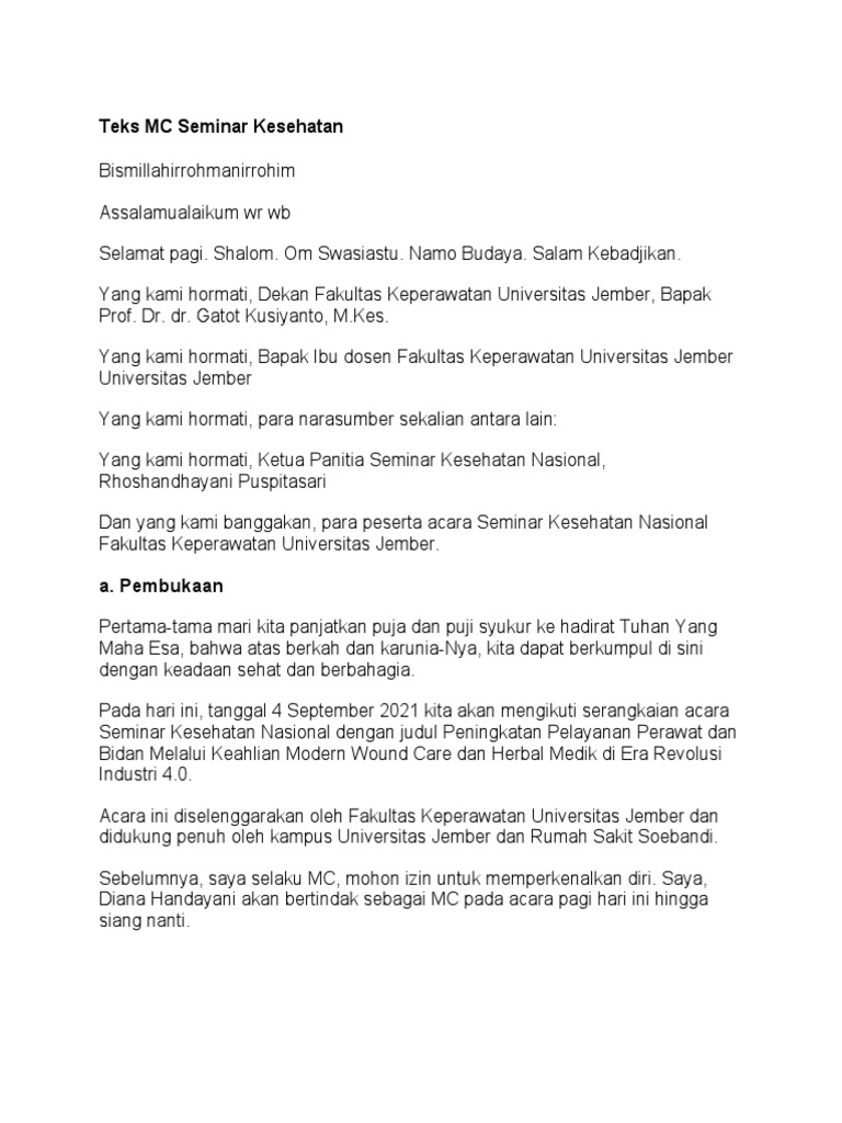 Teks MC Seminar Kesehatan: A. Pembukaan | PDF | Kesehatan Holistik