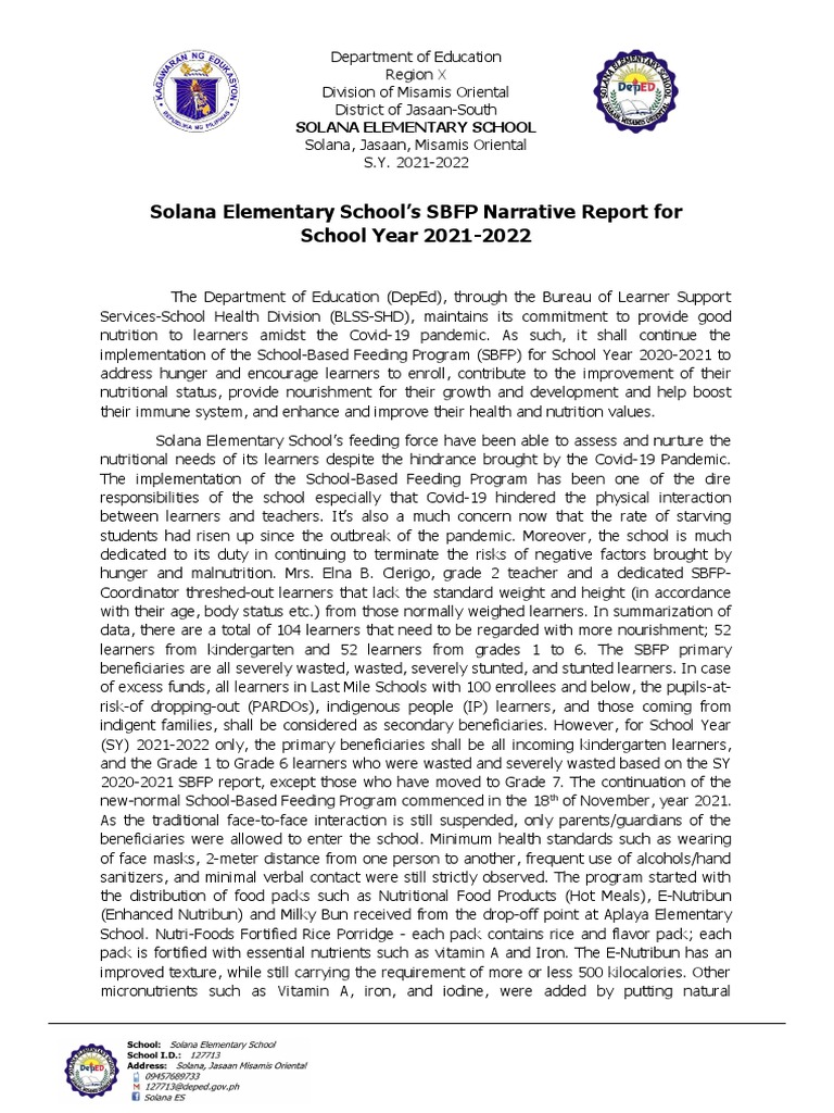SBFP Narrative Report - 2021-2022 - Clerigo | PDF | Nutrition | Diet ...