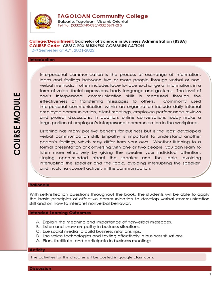 Business Communication Module | PDF | Communication | Interpersonal ...