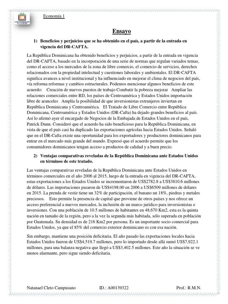 Ensayo DR-Cafta. | PDF | Libre comercio | República Dominicana