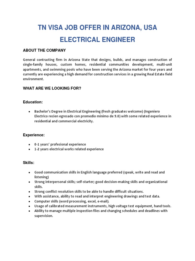 Electrical Engineer Job Offer in Arizona | PDF | Electrician | Equipment