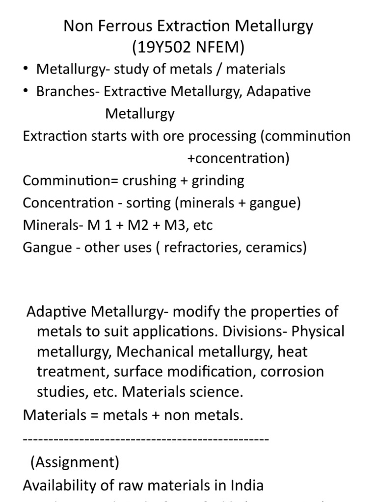 Non Ferrous Extraction Metallurgy (19Y502 NFEM) | PDF | Metallurgy | Metals