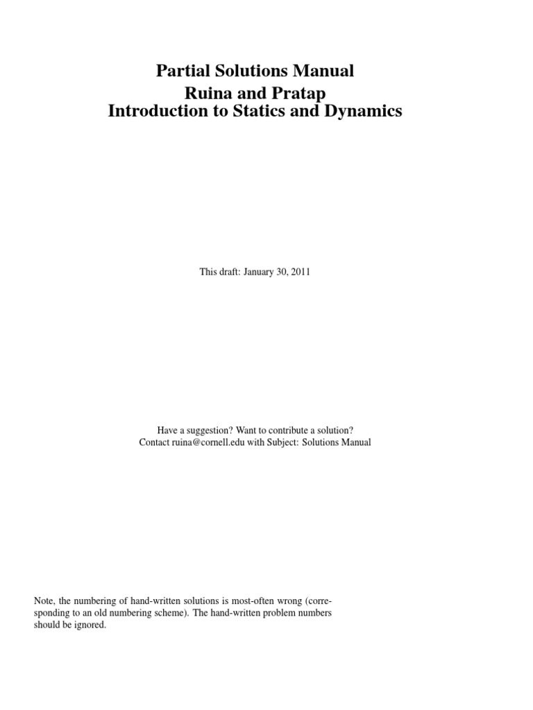 Partial Solutions Manual Ruina and Pratap Introduction To Statics and Dynamics | PDF | Force ...