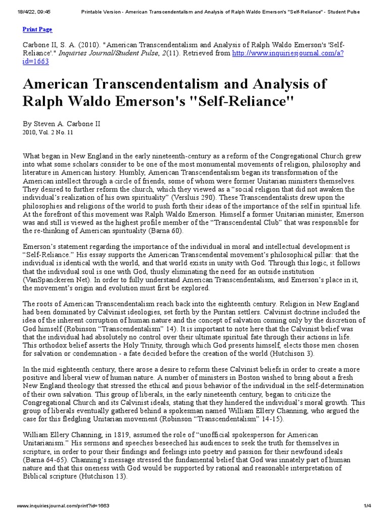 Emerson's Self-Reliance in Transcendentalism | PDF | Transcendentalism ...