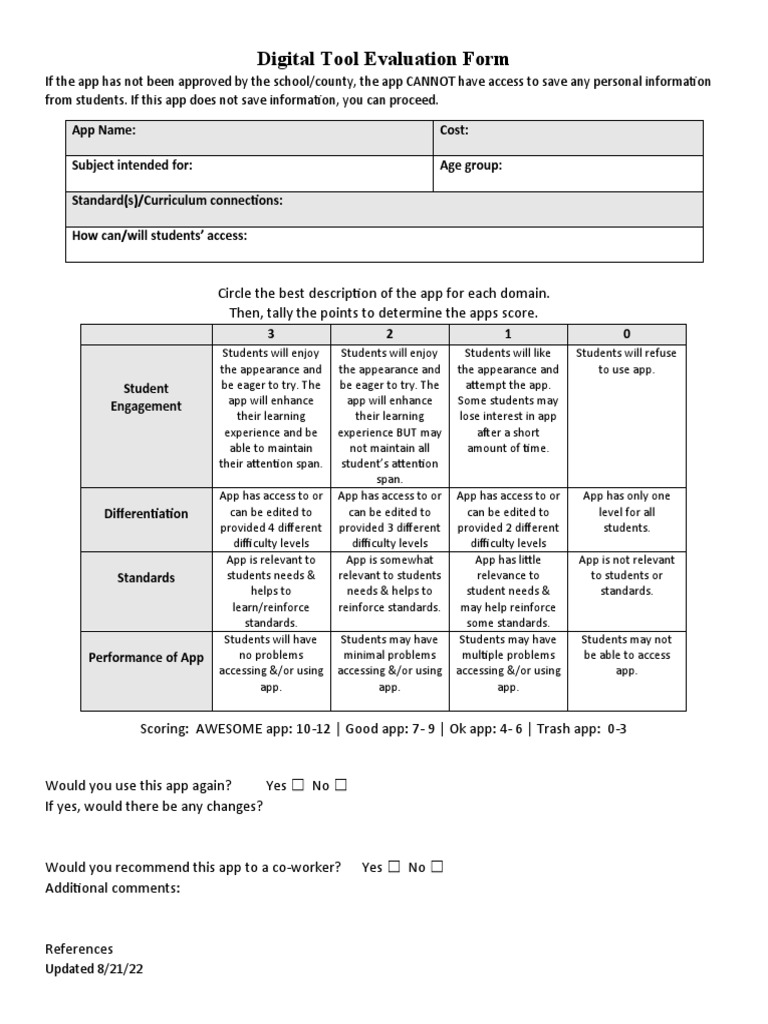 Digital Tool Evaluation Form | PDF | Behavior Modification | Cognitive ...