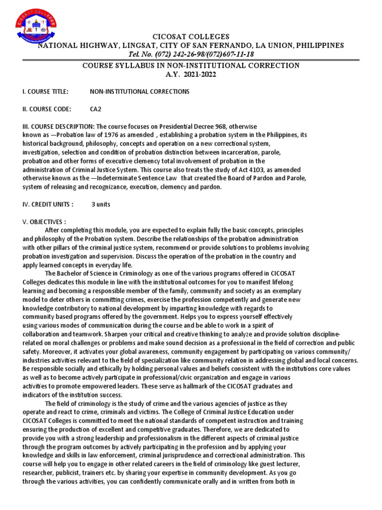 Non-Institutional Corrections Syllabus | PDF | Probation | Pardon