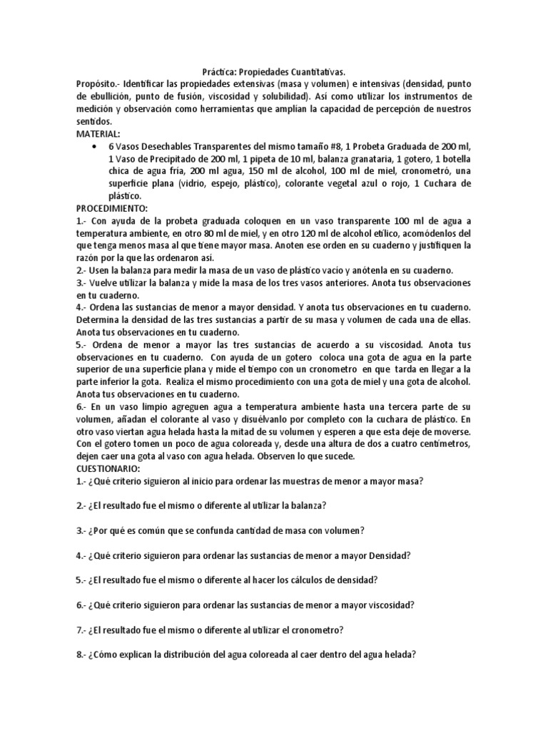 Practica Propiedades Cuantitativas | PDF | Densidad | Agua