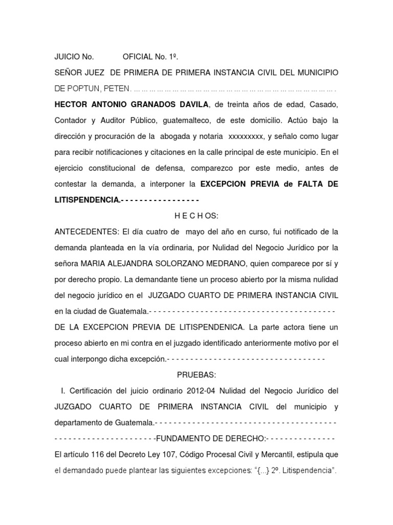 Excepcion de Litispendencia | PDF | Demanda judicial | Ley procesal