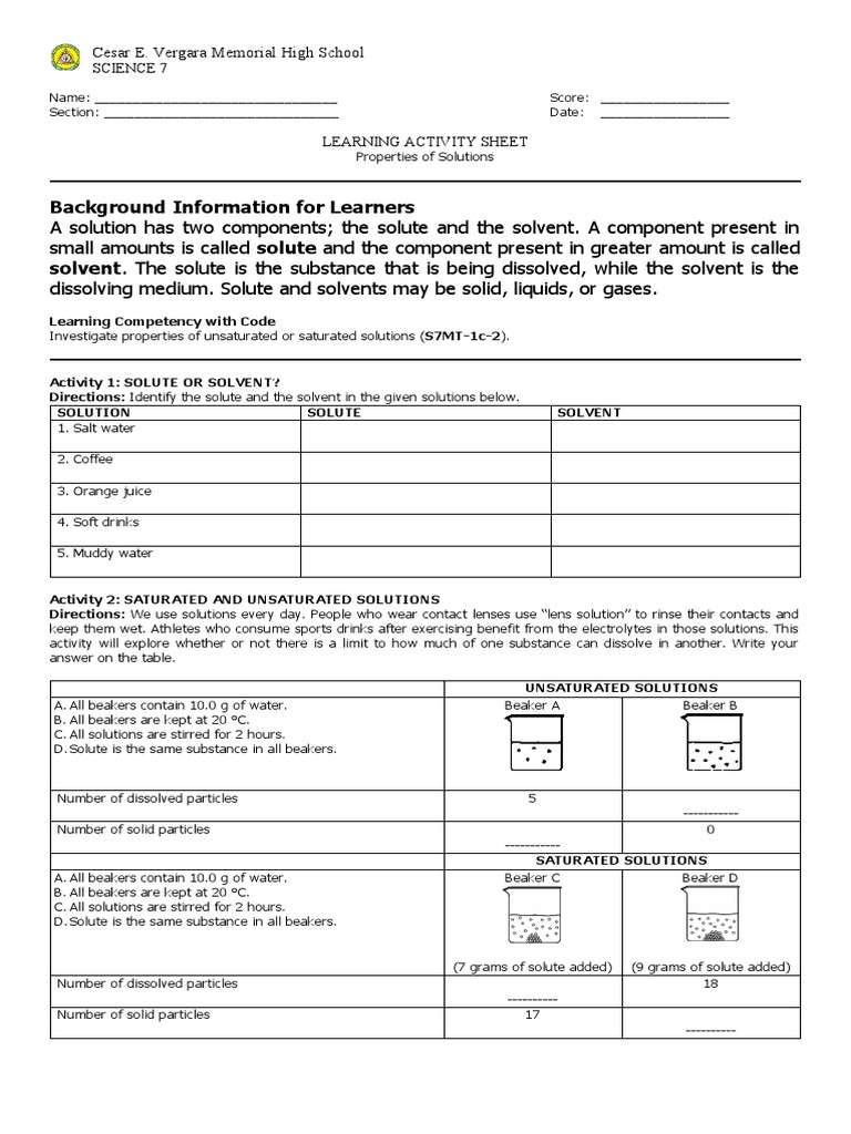 Las Science 7 Q1 Properties of Solutions | PDF | Solubility | Physical ...