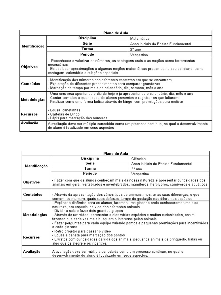 Plano de Aula - Anos Iniciais | PDF | Tempo | Ano
