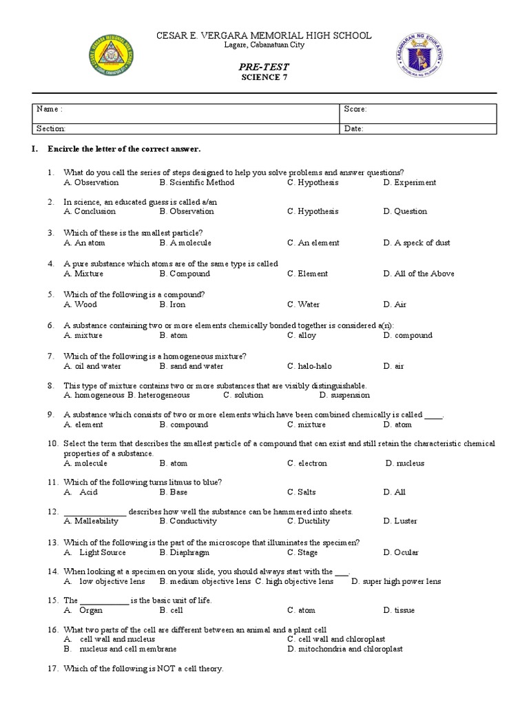 Pre-Test: Cesar E. Vergara Memorial High School | PDF | Mixture | Waves