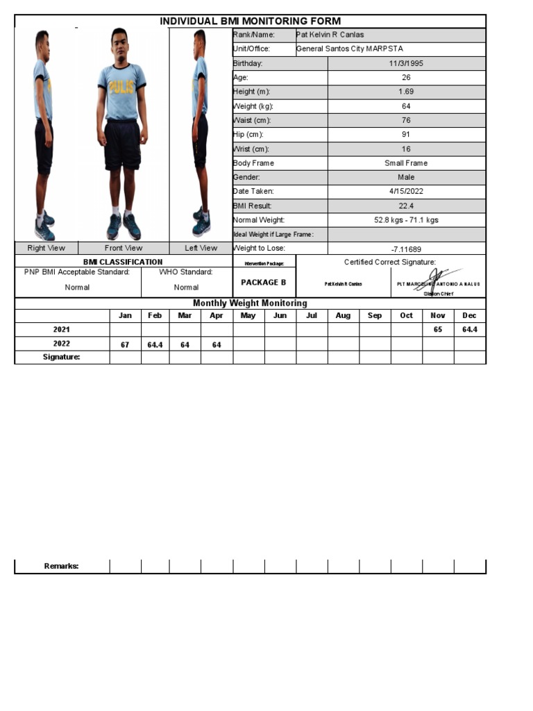 Individual BMI Monitoring Form for Pat Kelvin R Canlas Documenting ...