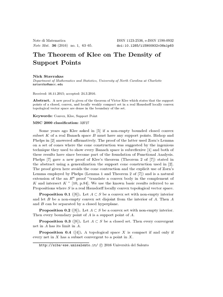 The Theorem of Klee On The Density of Support Points | PDF | Convex Set | Banach Space