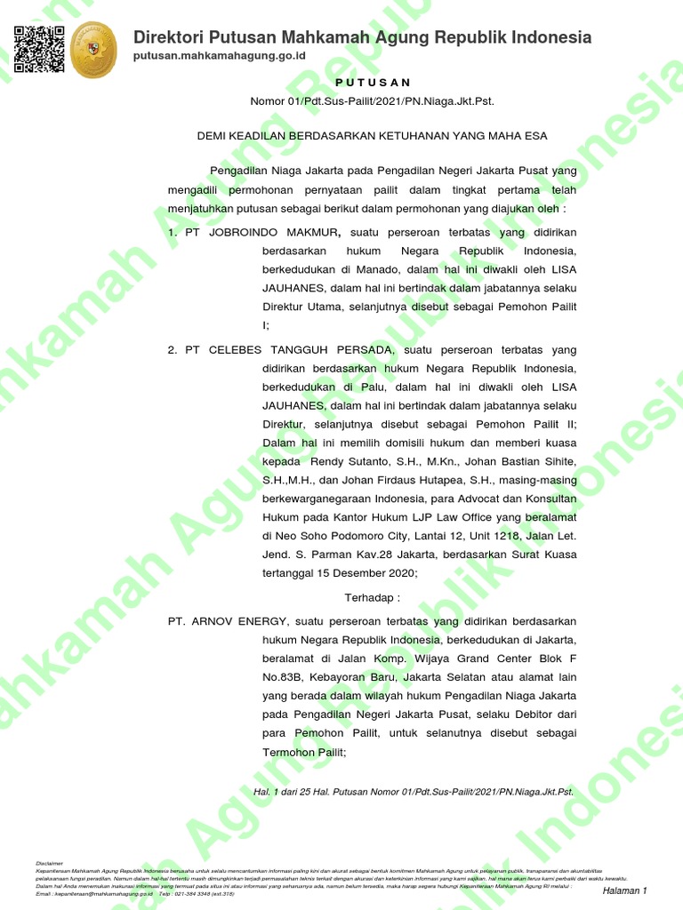 Putusan 1 PDT - Sus-Pailit 2021 PN - Niaga.jkt - PST 20220818093001 | PDF