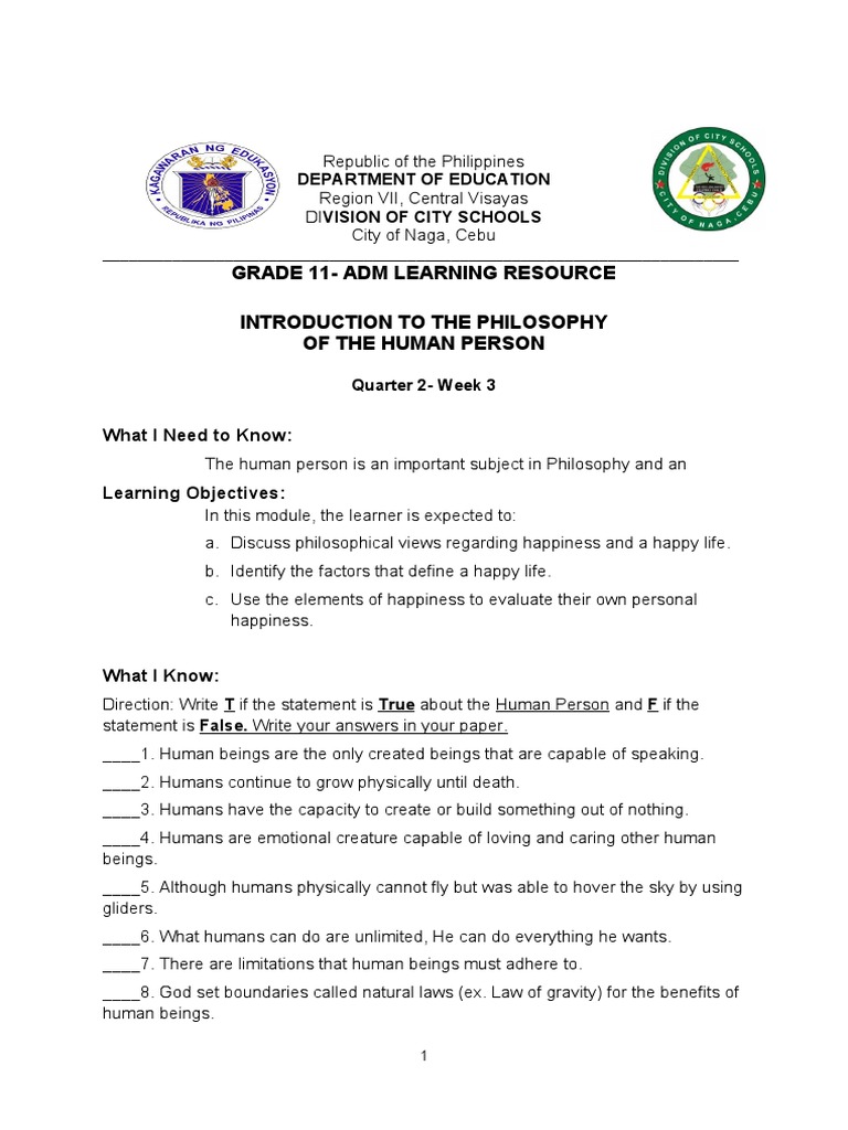 Grade 11 Philosophy: Happiness & Transcendence | PDF | Human | Happiness